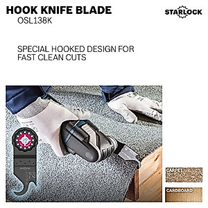 BOSCH OSL138K 1-Piece 1-1/4 In. Starlock Oscillating Multi Tool Soft Materials High-Carbon Steel Hook Knife Blade for Cutting Applications in Carpet, Cardboard, Asphalt Shingles