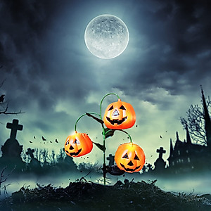 Sunmoony Solar Pumpkin LED Stake Lights for Outdoor Garden, Hanging Pumpkin Lantern for Horror Nights Home Yard Party Halloween Decor (Yellow Light-Small)