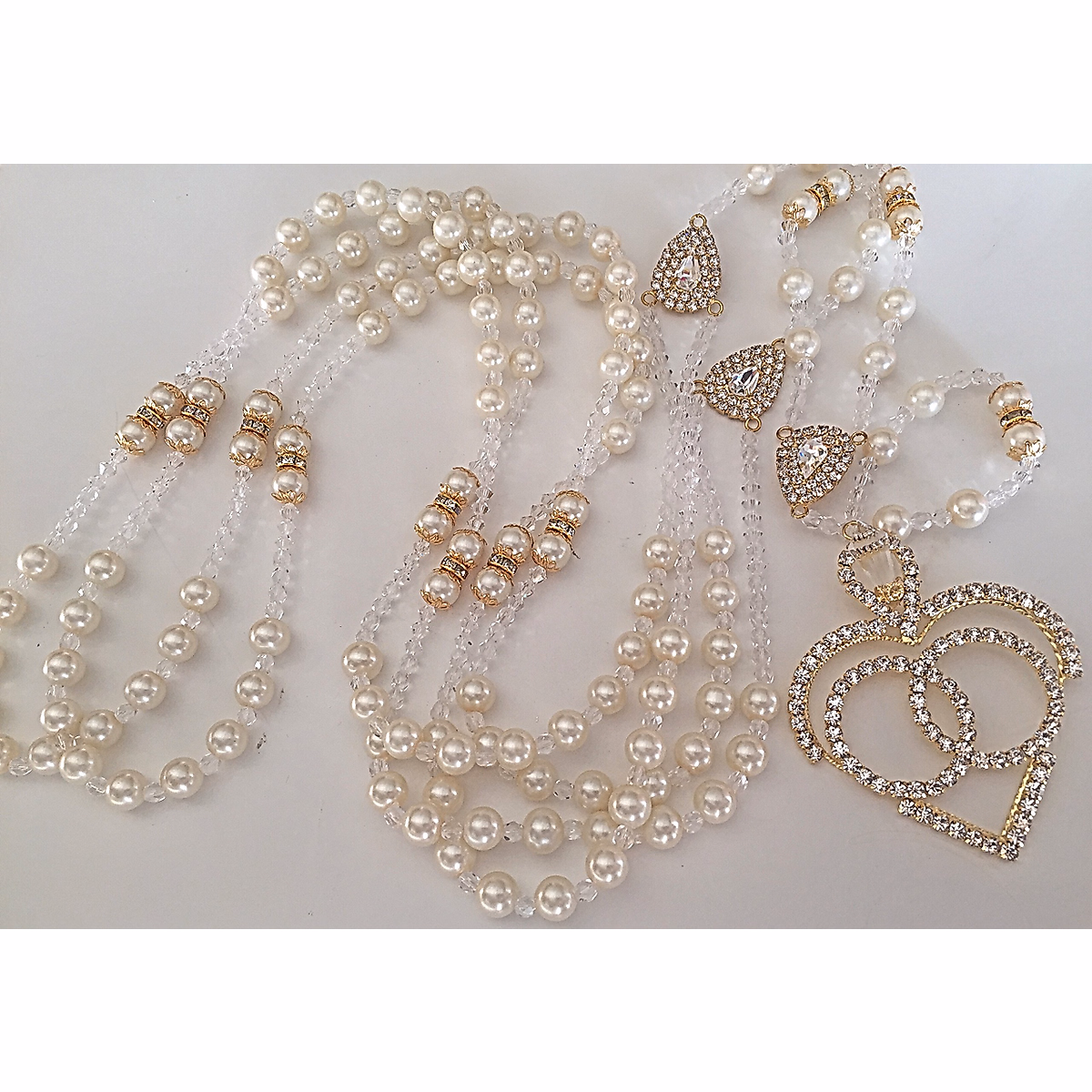 San Joaquin Creations Non-catholic Wedding Lasso Ivory Color Crystal Pearls Gold Plated With Rhinestones Heart/Lazo De Boda No Catolico