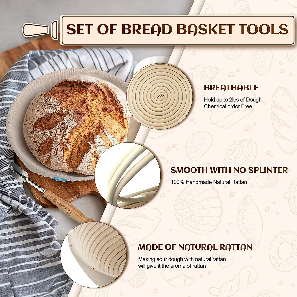Banneton Bread Proofing Basket Set of 2, 9 Inch Round Sourdough Proofing Basket, Sourdough Starter Kit, Sourdough Bread Baking Supplies with Dough Scraper, Danish Dough Whisk, Bread Lame, Bowl Scraper