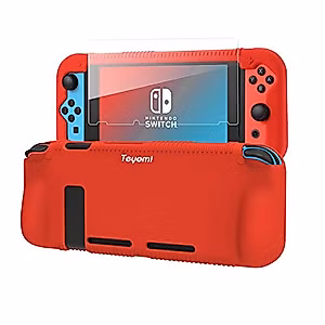 Teyomi Protective Silicone Case for Nintendo Switch, Grip Cover with Tempered Glass Screen Protector, 2 Storage Slots for Game Cards, Shock-Absorption & Anti-Scratch (Red)