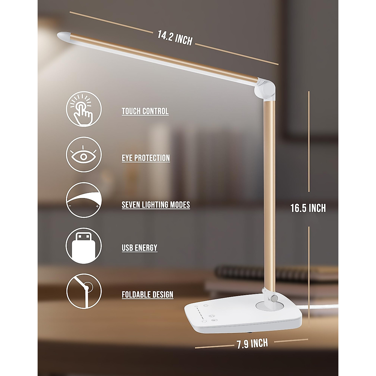 Lichamp Dimmable LED Desk Lamp with USB Charging Port, Touch Control Foldable Gooseneck Free Rotation Adjustable Eye Care Table Lamp, Bedside Reading Light with UL AC Adapter (Gold)