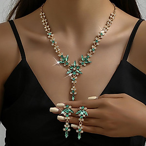 Unicra Bride Necklace Earrings Set Crystal Bridal Wedding Jewelry Sets Rhinestone Choker Necklace Prom Costume Jewelry for Women and Brides (Green)