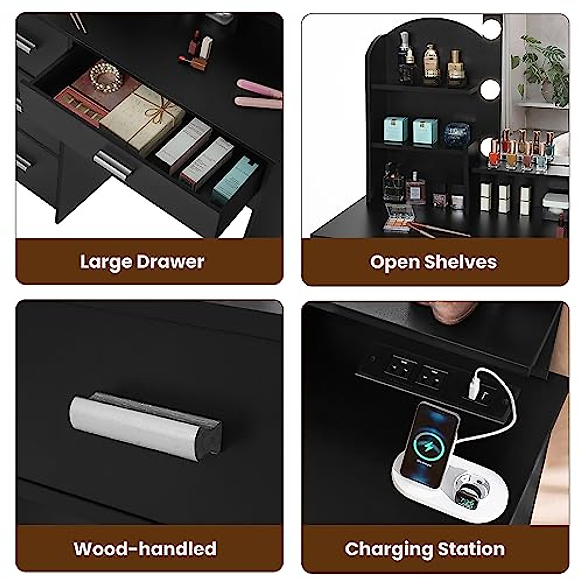 Quimoo Vanity Desk with Mirror and 10 LED Lights, Makeup Vanity with Charging Station and 4 Drawers Chest & Shelves, Vanity Set, Vanity Table with Cushioned Stool, for Bedroom, Black