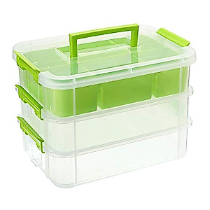 BTSKY 3 Layer Stack & Carry Box, Plastic Multipurpose Portable Storage Container Box Handled Organizer Storage Box with Removable Tray for Organizing Sewing, Art Craft, Supplies Green