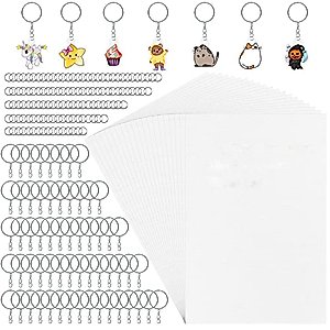 OFNMY 125 Pieces Heat Shrink Plastic Sheet Kit with 25 PCS Shrinky Art Paper and 100 PCS Keychains for Kids Creative Craft Marking, Homemade Shrinky Dinks, Handprint Keychains for Christmas