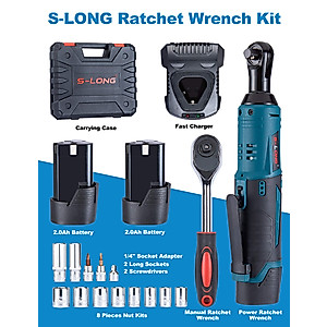 S-LONG Cordless Ratchet Wrench Set, 3/8" 400 RPM 12V Power Electric Ratchet Driver with 12 Sockets, Two 2000mAh Lithium-Ion Batteries and 60-Min Fast Charge