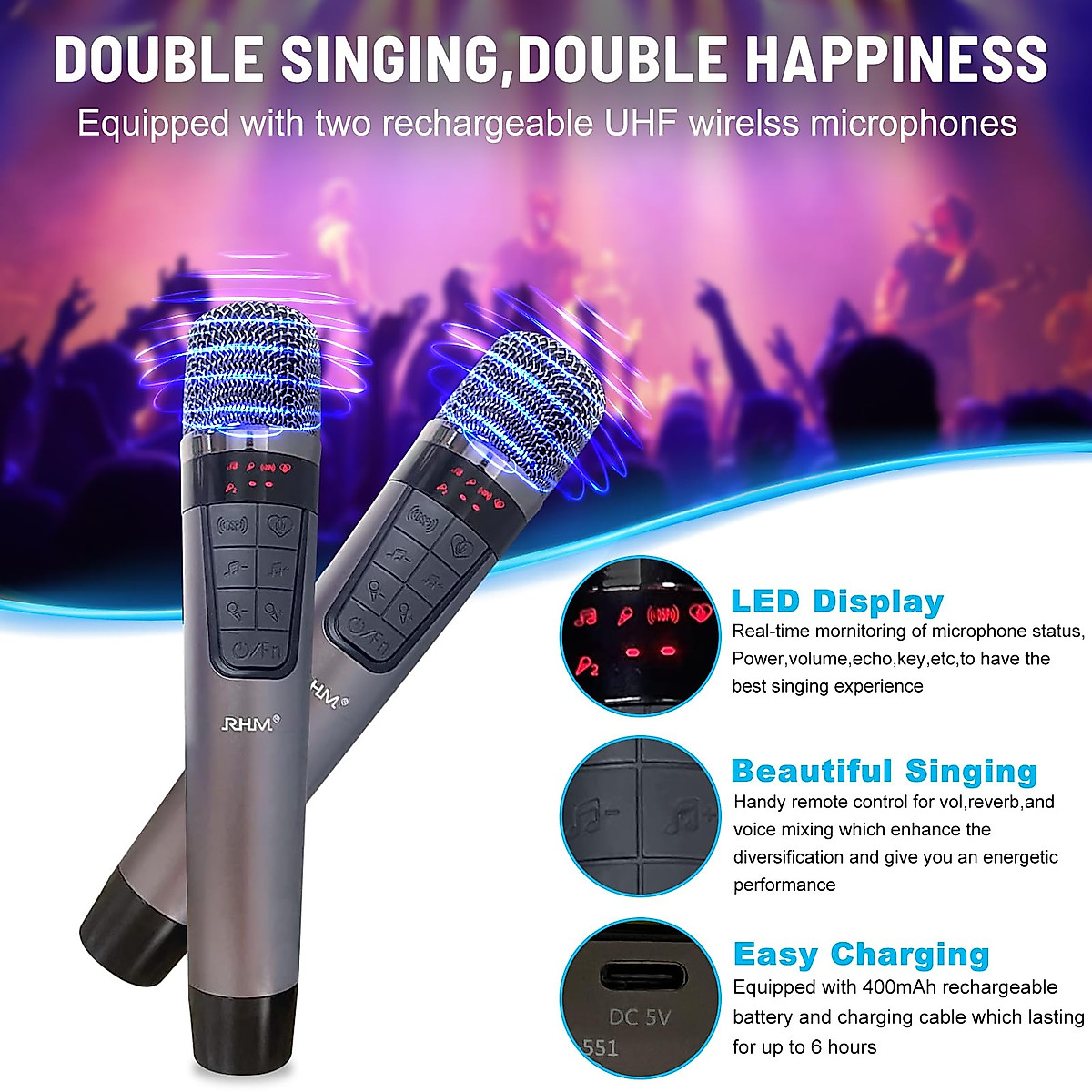 RHM K222 Karaoke Machine with 2 UHF Wireless Microphones & 5 Sound Modes, Support Optical/Bluetooth/AUX/USB/PC, Wooden Home Karaoke Singing Machine for TV, Home, Karaoke, Singing Party, Christmas