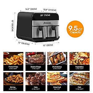 Panana XL 9.5 Quart 8 Preset Cooking Functions 2-Basket Air Fryer with 2 Frying Baskets, Match Cook & Smart Finish to Bake, Roast, Reheat, Broil, Dehydrate & More for Quick, Easy Meals