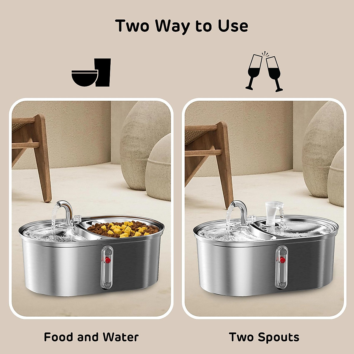 iPettie Cat Feeder and Waterer Combo, Twins Water Fountain Stainless Steel with Two Spouts, 101oz/3.0L, Food and Water Dispenser, 5-Stage Filtration Water Purifier