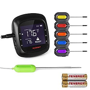 Tenergy Solis Digital Meat Thermometer, APP Controlled Wireless Bluetooth Smart BBQ Thermometer w/ 6 Stainless Steel Probes, Large LCD Display, & Carrying Case, Cooking Thermometer for Grill & Smoker