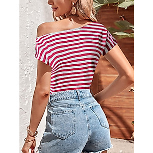 LilyCoco Women's Off The Shoulder Tops Short Sleeve One Shoulder Striped Shirt Red White Striped Small
