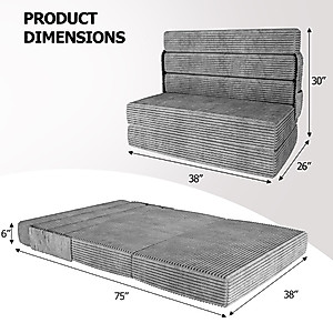 Slumbrae Folding Sofa Bed, 6" [Twin] Foldable Sofa Mattress with Back Support & Fixed Velcro for Living Room & Office, Grey, 75" * 38"