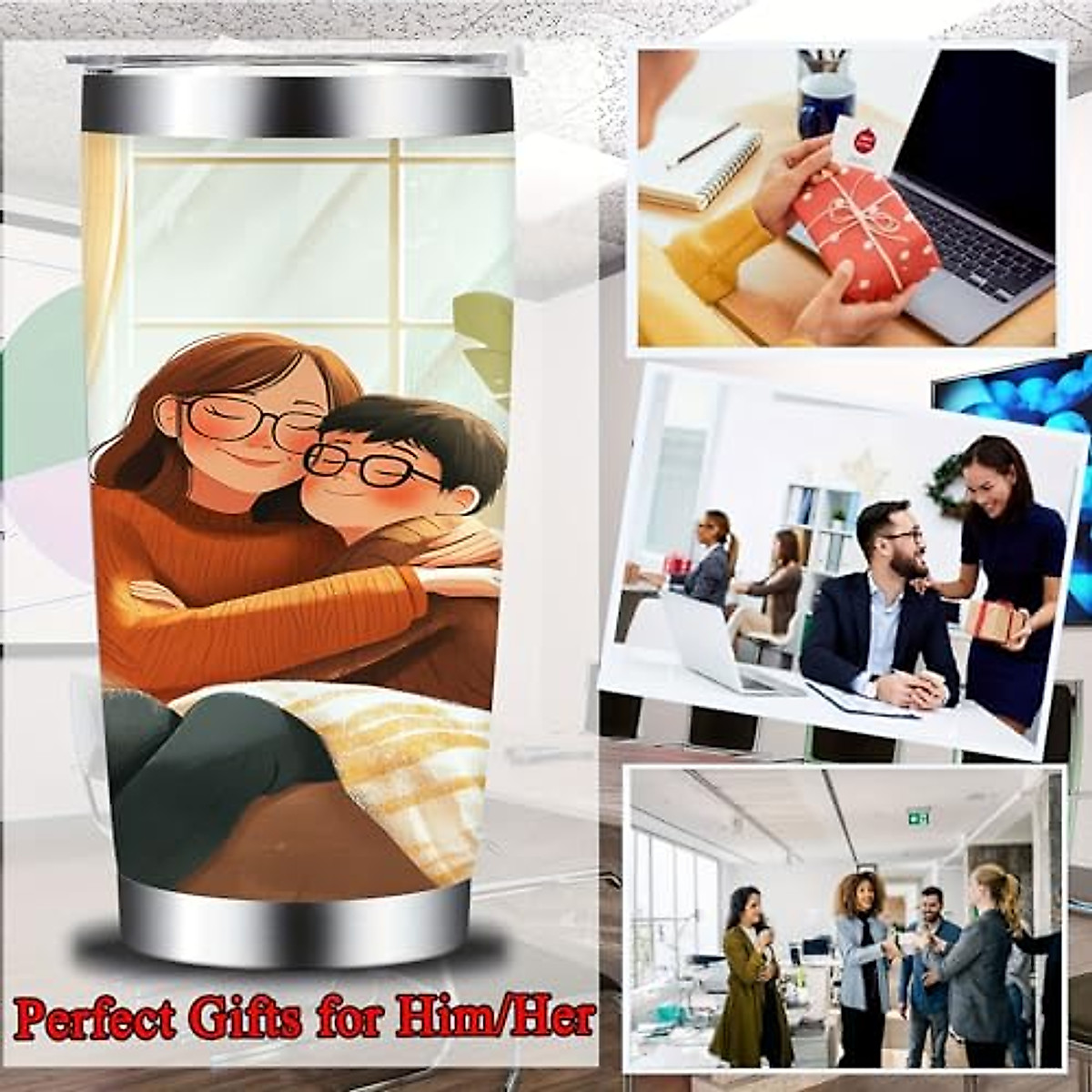 FOCIUZTA 20oz Warm Illustration Hugging Scene Tumbler with lid, Travel Coffee Cup, Ideal for Easter, Mother Day, and birthday gifts