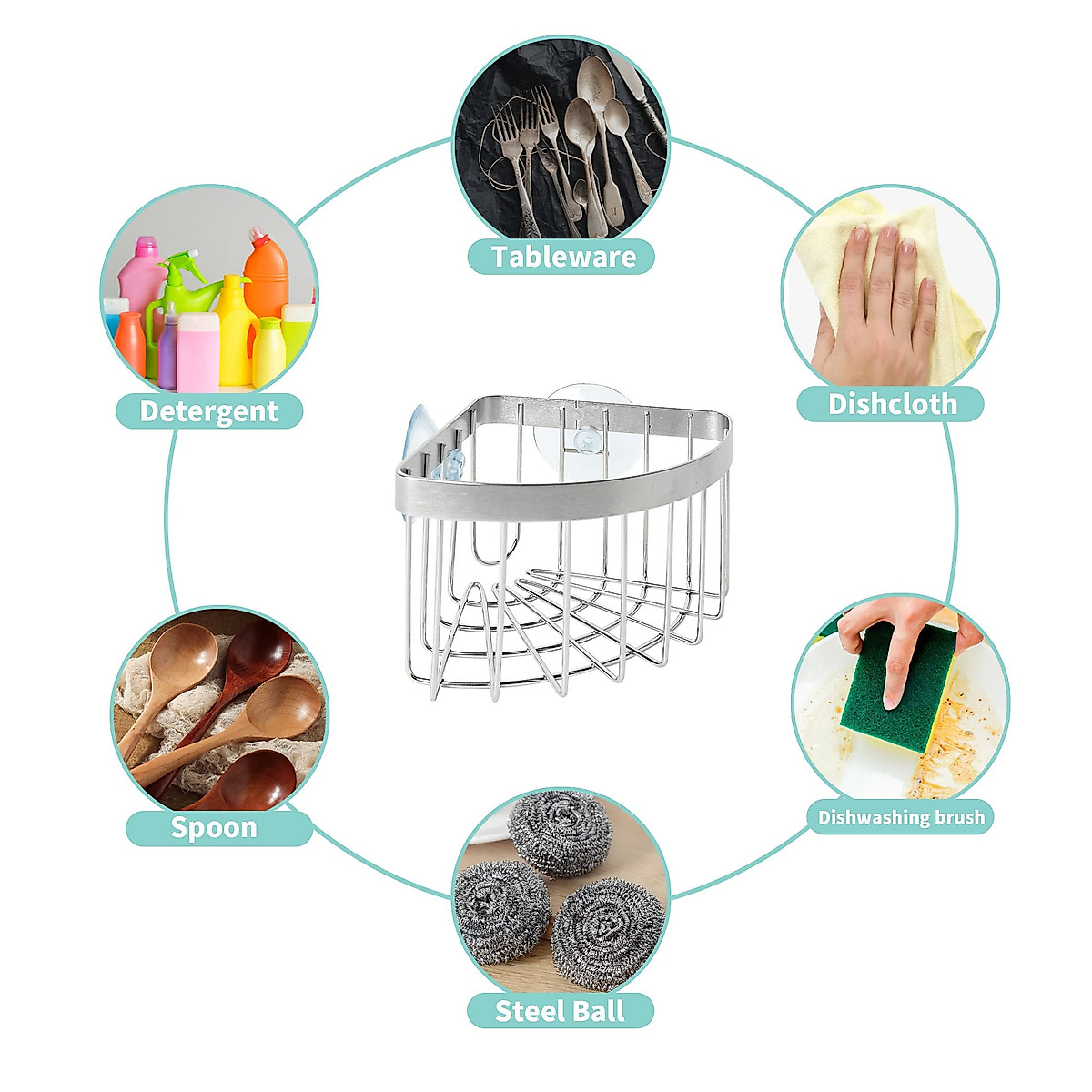 Dveda Sink Caddy, Dish Cloth Hanger Sponge Holder, Save Space Triangle 2-in-1 Sink Caddy, 304 Stainless Steel Corner Kitchen Sink Organizer, No Drilling with 2Pcs Suckers