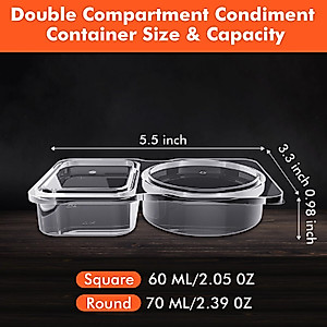 Double Compartment Condiment Containers with Lids, 2024 New Disposable 2 Compartment Snack Containers, Portion Cups Reusable Plastic Snack Container for to-go Sauce, Sampling, Travel Snack (32 PCS)