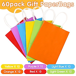 XPCARE 60 Pieces Gift Bags Bulk, 6 Colors Party Favor Bags with Handles, 6.3x3.15x8.66'' Small Rainbow Gift Bags for Kids Birthday, Baby Shower, Crafts, Wedding, Party Supplies…