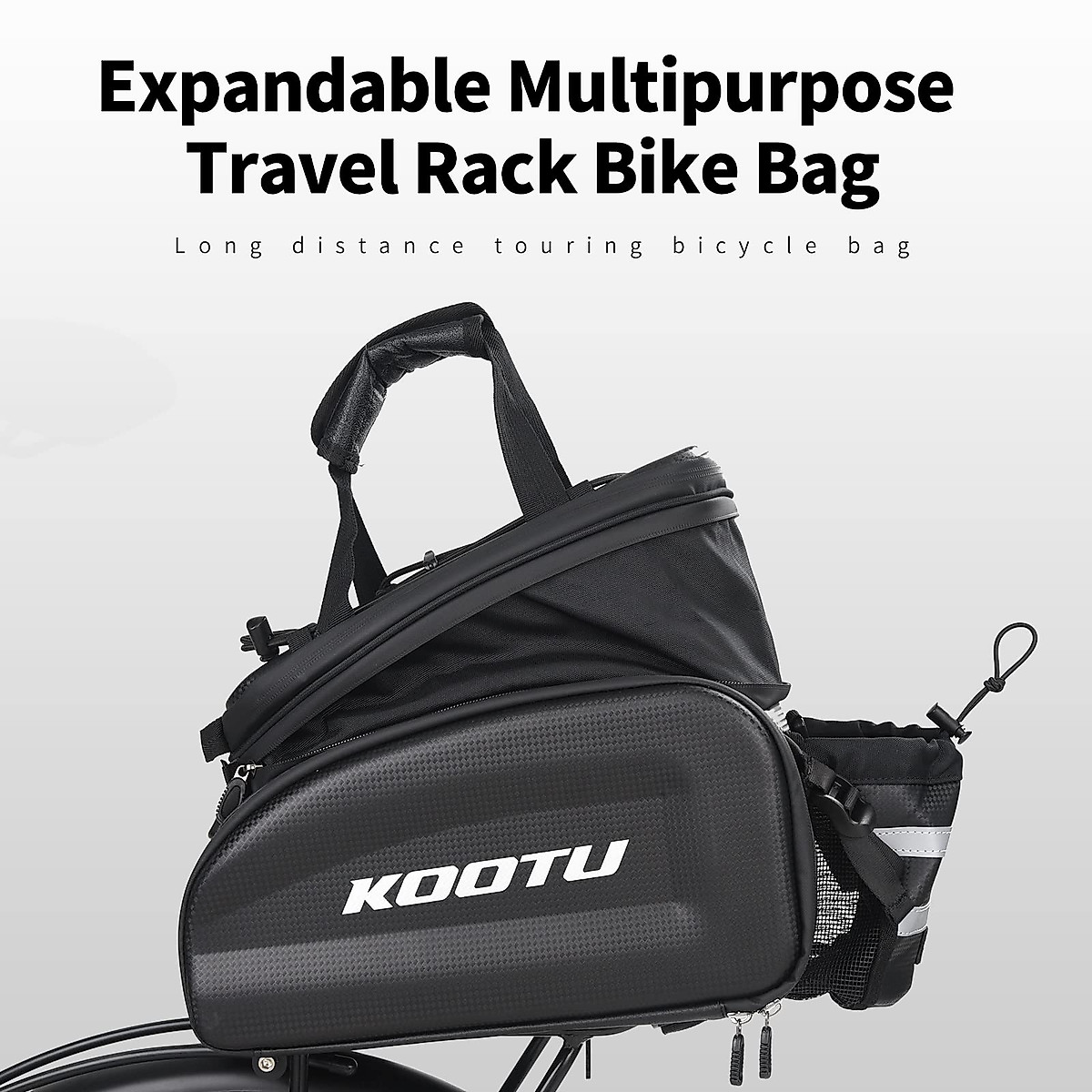 KOOTU Bike Rack Bag Trunk Waterproof Bicycle Bag with Hand Strap,Carbon Leather Extendable Bike Rear Rack Bag Bike Panniers for Cycling Commuting Camping Outdoor Traveling