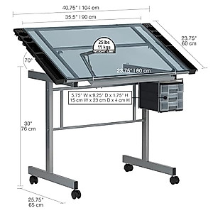 Studio Designs Vision Craft and Drawing Station - 35.5" W by 23.75" D Silver-Blue Glass Top Drafting Table with Pencil Drawers, Side Trays, & Built-In Pencil Ledge - Angle Adjustable Work Surface