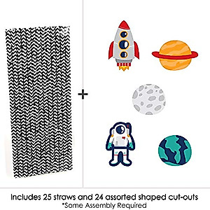 Blast Off to Outer Space - Paper Straw Decor - Rocket Ship Baby Shower or Birthday Party Striped Decorative Straws - Set of 24