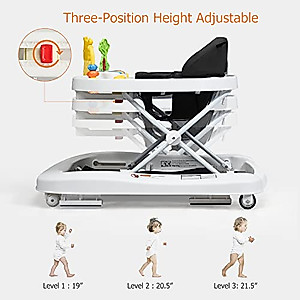 INFANS Foldable Baby Walker, 3 in 1 Toddler Walker Bouncer, Learning-Seated, Walk-Behind, Music, Adjustable Height, High Back Padded Seat, Detachable Trampoline Mat, Activity Walker with Toys (Grey)