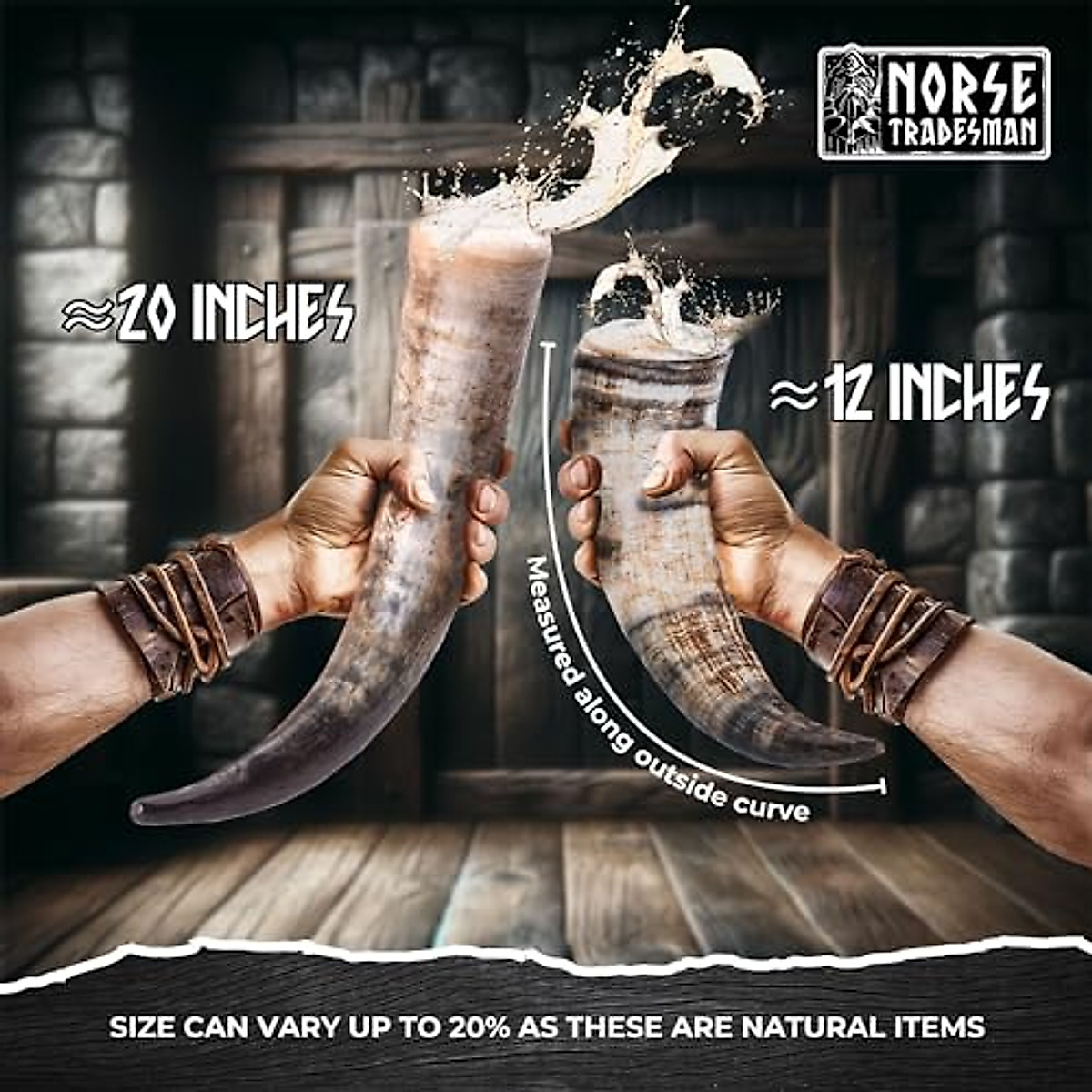 Norse Tradesman Genuine 20" Ox-Horn Viking Drinking Horn with Antique Brass Rim & Wolf Tip, Fitted Horn Stand & Burlap Gift Sack - The Fenrir, 20-Inches, Low Polish