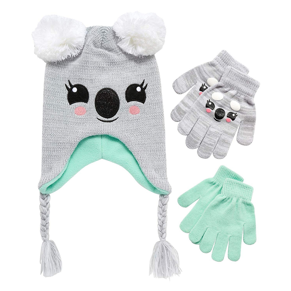 ABG Accessories Girls Critter Winter Hat and 2 Pair Gloves or Mittens (Toddler/Little Girls), Size Age 4-7, Koala Gloves