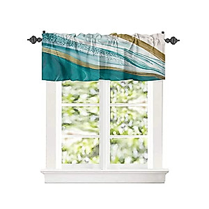 Abstract Curtain Valance for Window,Kitchen Rod Pocket Short Curtains Panel Turquoise White Gold Marble Texture Windows Treatment Drapes for Bathroom Living Room Decor 42x12In Stone Fluid Art