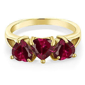 Gem Stone King 18K Yellow Gold Plated Silver Red Created Ruby 3 Stone Ring For Women (2.88 Cttw, Heart Shape 6MM, Available In Size 5, 6, 7, 8, 9)