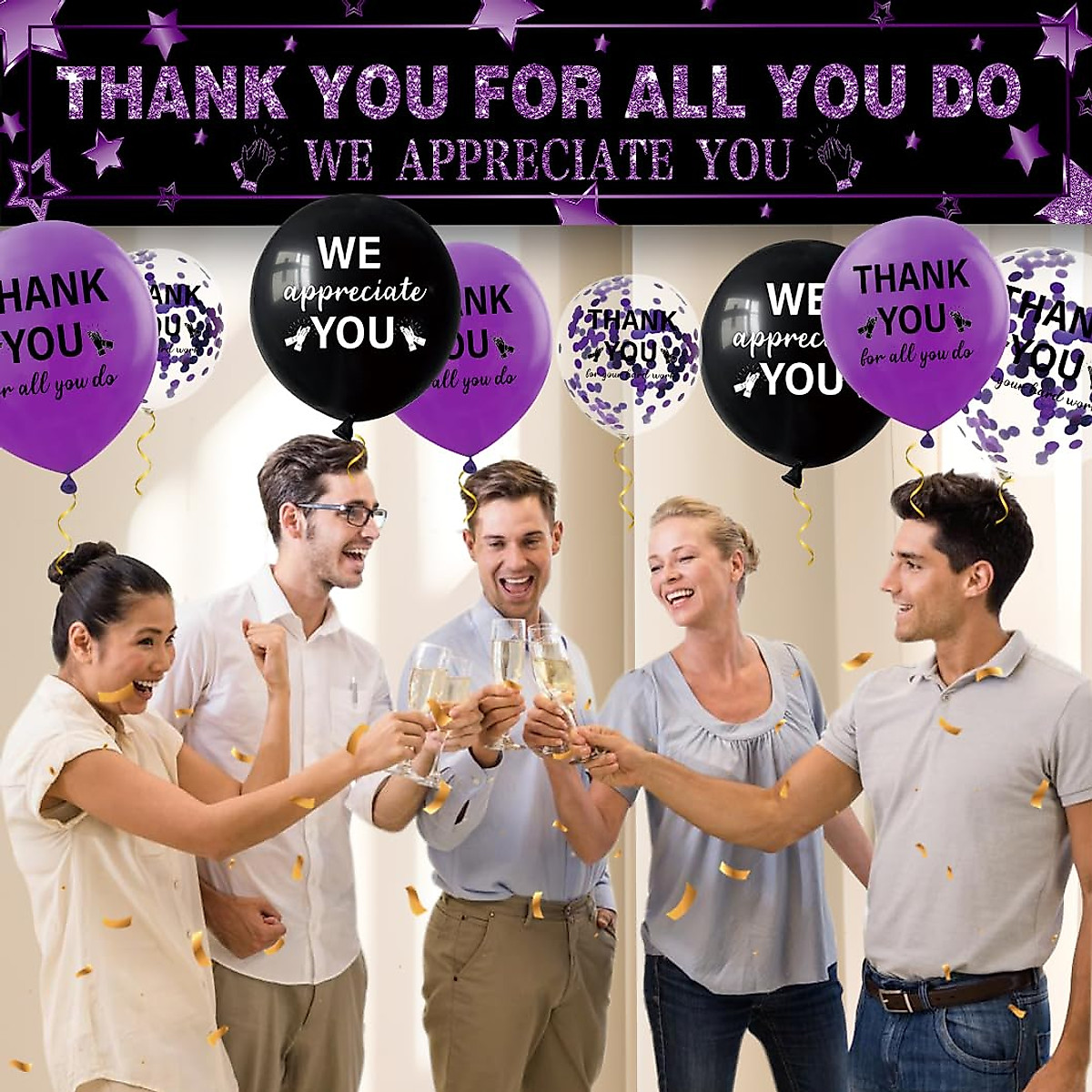We Appreciate You Decorations Black Purple Appreciate You Banner with 18 pcs Balloons Thank You Yard Sign for Teacher Employee Staff Doctors Nurse Poaster Volunteer Appreciation Week Party Decor