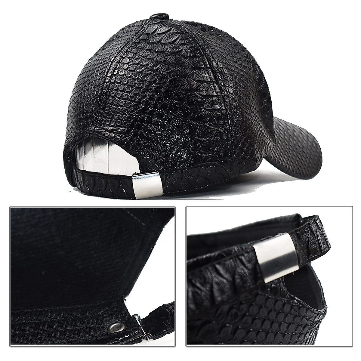 IZUS Women-Men PU-Leather Snakeskin-Embossed Baseball-Cap Cool-Hip-Hop Trucker-Hats Adjustable Casual-Dad-Hat for Medium Black