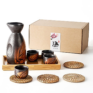 RECEESOON 10 Piece Traditional Japanese Sake Set with Tray, Korean Soju Glass, Black Sake Cups, Saki Cup Set, Japanese Gifts Set