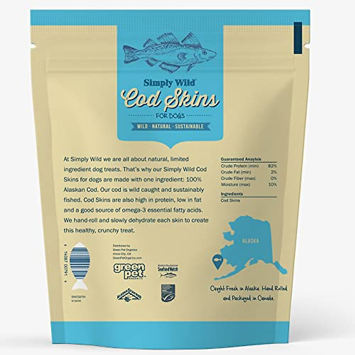 Simply Wild Cod Skins Alaskan Cod Fish Training Treats for Dogs-Dehydrated Fish, All Natural Human Grade Skins - Low Fat Treat Sustainably Sourced in USA (6.6 Oz)