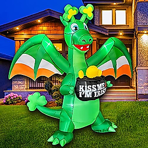 SEASONBLOW 7 Ft Inflatable St. Patrick's Day Dragon Holding a Pot of Gold Decoration with Shamrock Horn Irish Wings LED Blow Up Yard Decor for Lawn Yard Garden Indoor Outdoor Holiday Party
