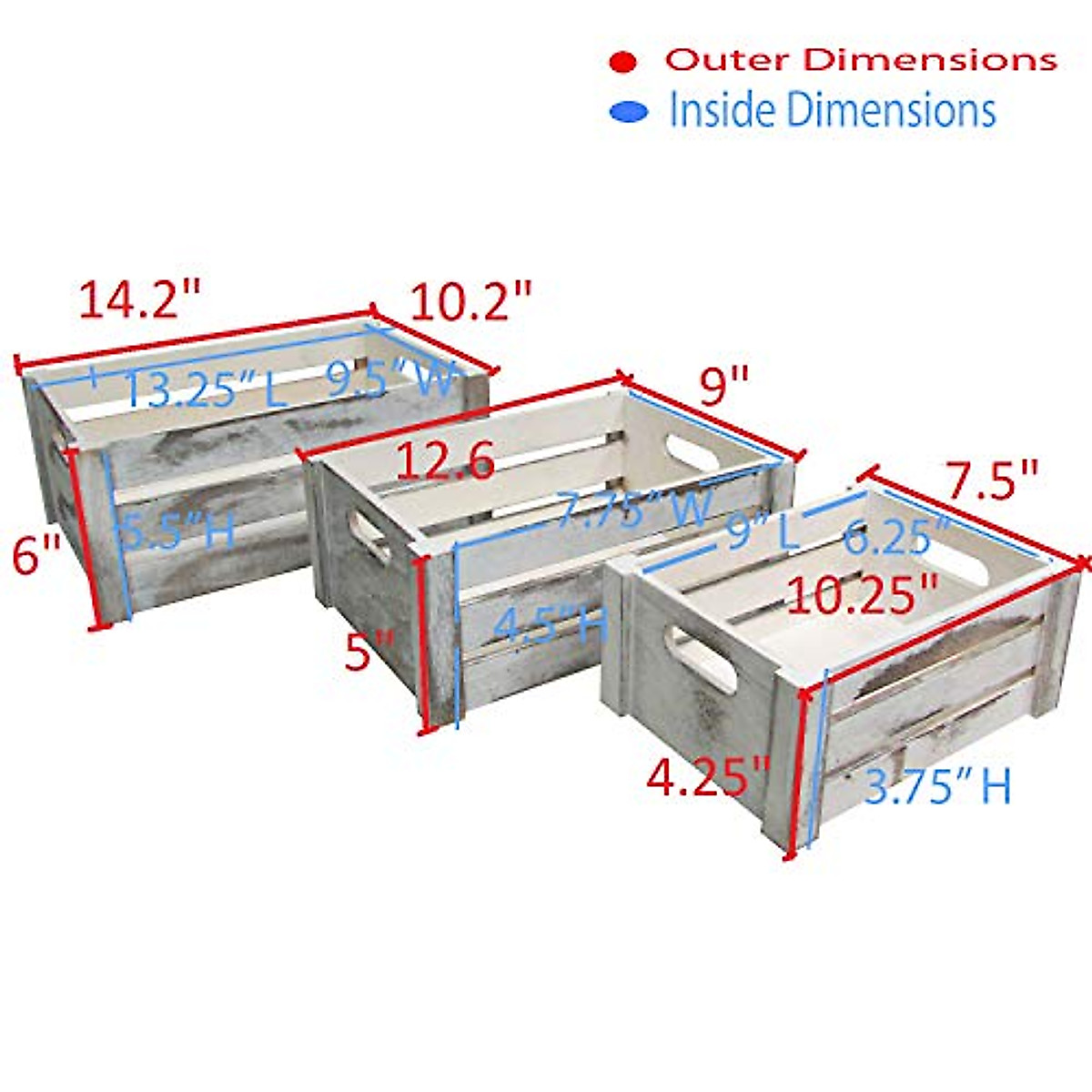 Admired By Nature Rustic White Set of 3 Distressed Decorative Wood Crates Storage Container