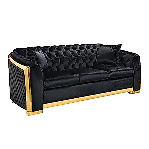 WILLIAMSPACE 81.1" Tufted Velvet Sofa Couch for Living Room, 3 Seater Button Sofa with Stainless Steel Gold Plating Decoration, Comfy Soft Upholstered Couch with 2 Pillows - Black