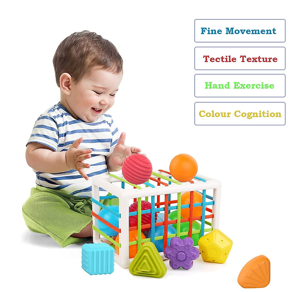 Ingooood Baby Shape Sorting Toy,Sensory Sorting Bin with Elastic Bands,Montessori Toys for 1-3 Year Old (Classic-12 Piece)