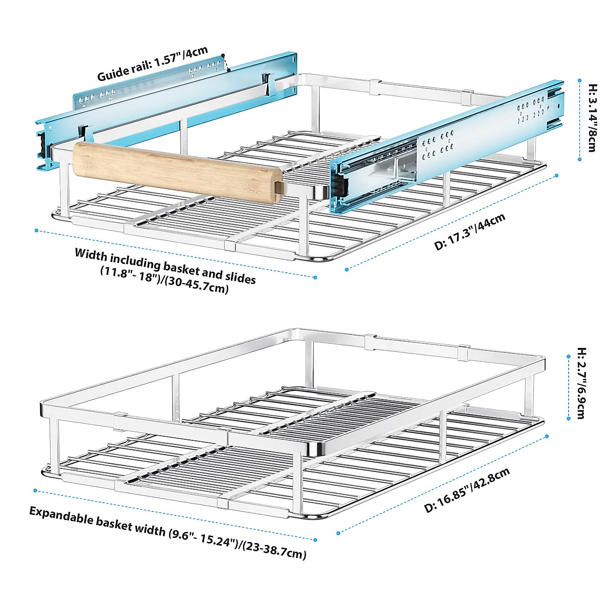 GNEOUS Greal Expandable Cabinet Pull Out Basket Heavy Duty Slide Out Pantry Shelves Under Sink Organizers And Storage For Kitchen, Bathroom, Wardrobe, Cupboard, Adjusted Width 11.8"-18", 1 Pack
