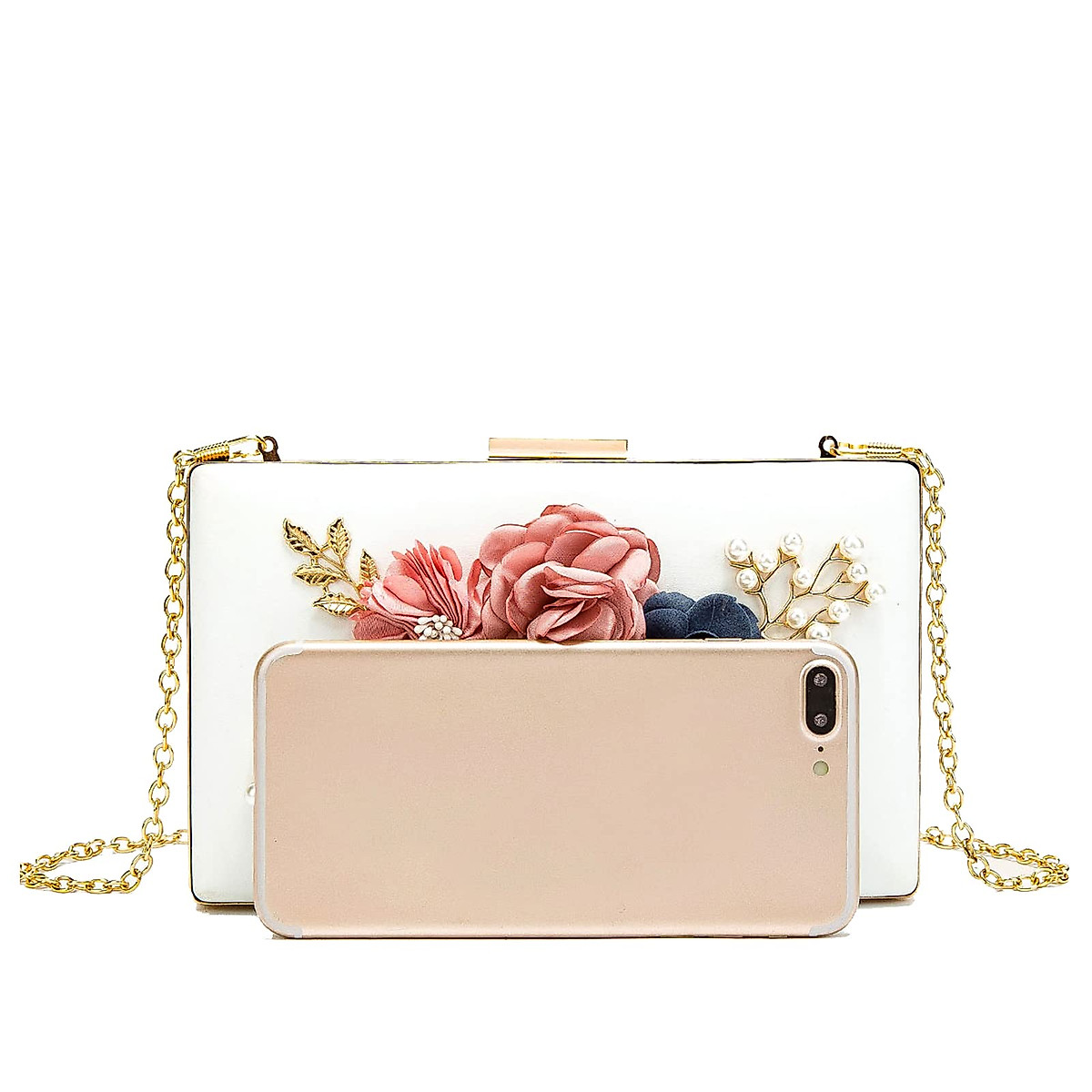 LETODE Women's Evening Bag Flower Wedding Evening Clutch Purse Bride Floral Clutch Bag Beaded Evening Shoulder Handbag (White)