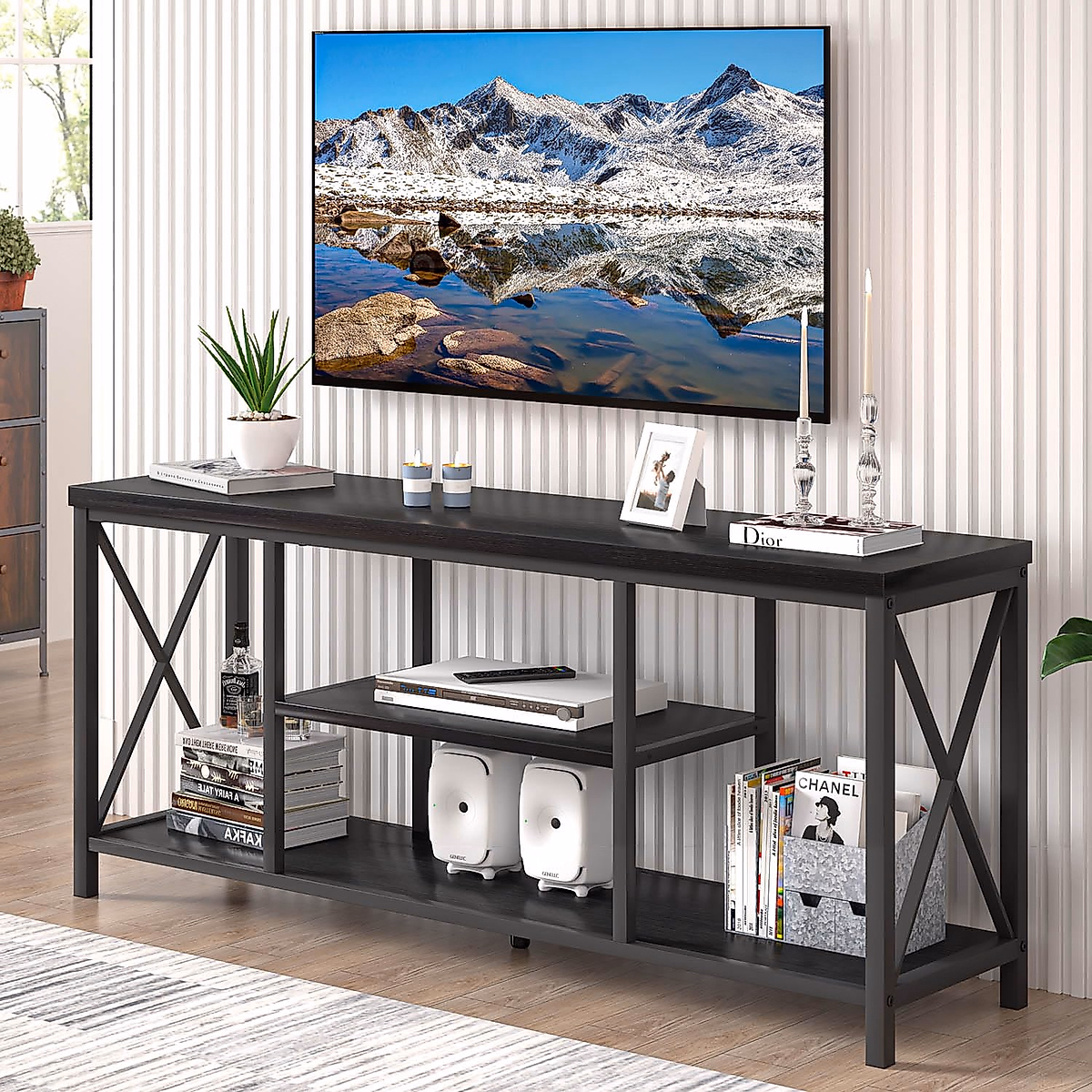 EXCEFUR 55 Inch TV Stand for Televisions up to 65 Inch, Modern Entertainment Center with Storage Shelves, Media TV Consoles for Living Room, Bedroom, Industrial Black Oak