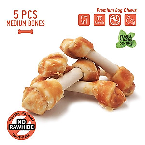 LuvChew Chicken Dog Chew Bones Medium, Rawhide Free, Grain Free, Made with Real Chicken & Wholesome Vegetables, Knotted Bones Medium 5pcs/Pack