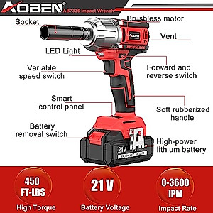 AOBEN 21V Cordless High Torque Impact Wrench 1/2 inch, Powerful Brushless Motor with Max Torque 450 ft-lb (600N.m), 4.0Ah Battery, 6 PCS Sockets (17-22mm), Fast Charger and Tool Box