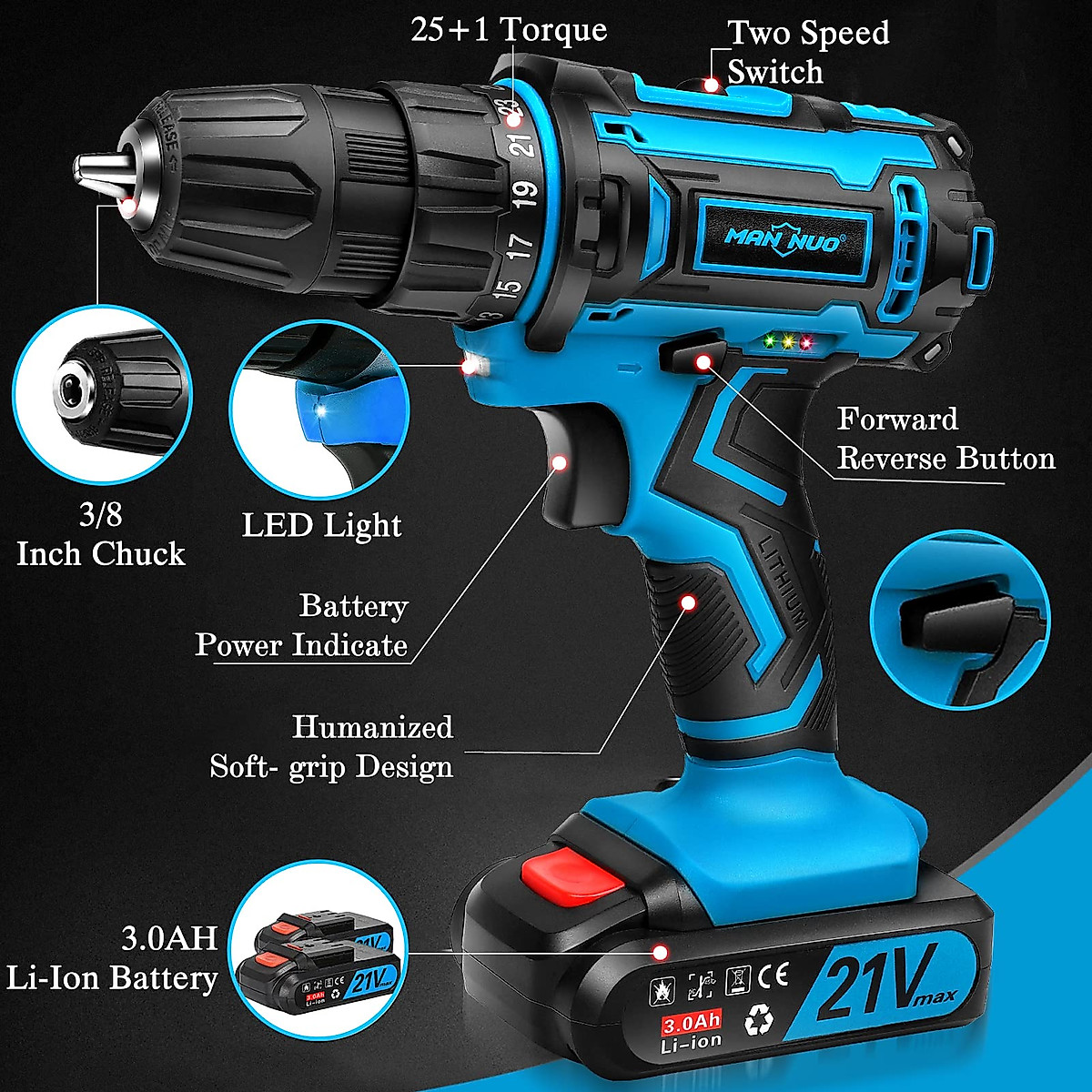 Cordless Drill Power Set, 21V Cordless Drill Set with 3000mAh Battery & Fast Charger, 117 Piece Power Tool Set Combo Kit with Power Drill Driver, 3/8" Chuck Electric Drill Set with 25+1 Clutch