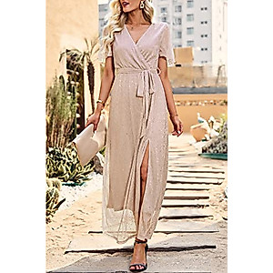 PRETTYGARDEN Women's Summer Maxi Glitter Dress Wrap V Neck Ruffle Sleeve Cocktail Party Long Dresses with Slit (Champagne,Large)