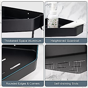 Corner Shower Caddy, 2-Pack Shower Organizer Shelf. Adhesive No Drilling Shower Rack, Rustproof Space Aluminium Shower Shelves for Bathroom Storage, with Towel Bar, Hair Dryer Holder and Hooks.