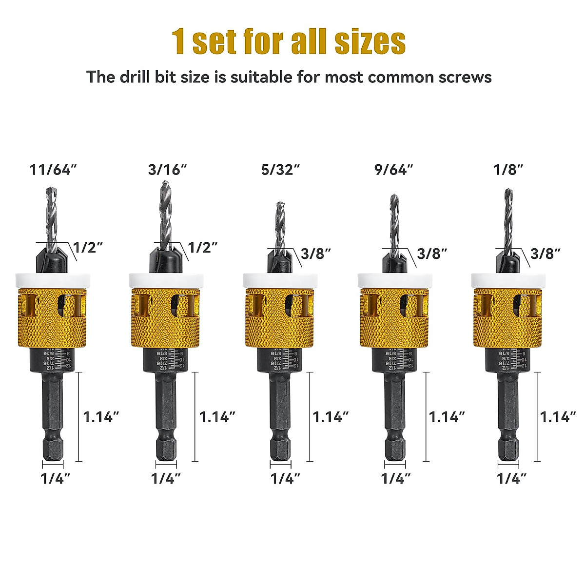 5 Pcs Countersink Drill Bit Set with Low Friction Depth Stop, HSS M2 Bits Tapered Head 1/8" 9/64" 5/32" Drill+3/8” 82° Counter-Bore,11/64" 3/16" Drill+ 1/2" 82° Counter Bore,1/4” Hex Shank(Yellow)