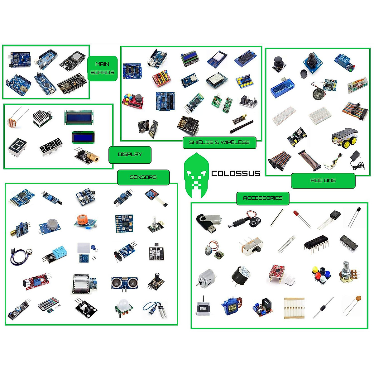GAR Colossus Starter Kit for Arduino Uno Mega Nano - Complete Advanced Set, 5 Main Boards - 30 Sensors, 10 Shields with ESP32 WiFi + Bluetooth Modules for Wireless Robotics Smart Car