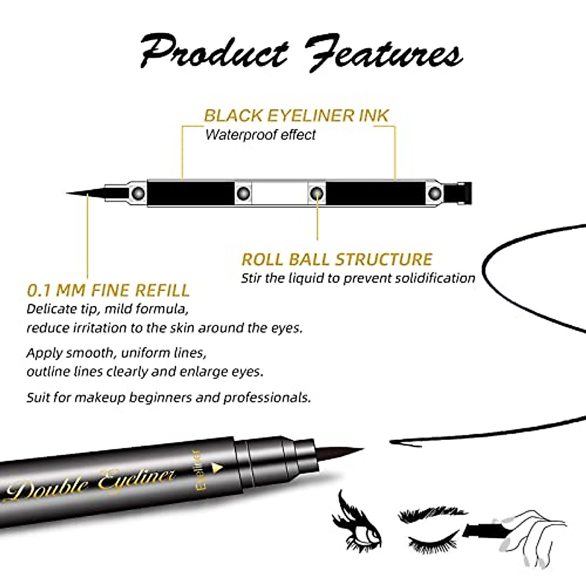 LOKFAR 6 Pcs Double-Side Liquid Eyeliner Stamp Pen Set, Eye Liners for Women Waterproof Eyeliner Pencil Black Eye-liner Stencils Long-Lasting Tattoo Makeup-Triangle,Star,Moon,Heart,Flower,Smiley