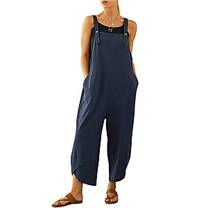 UANEO Womens Cotton Adjustable Casual Summer Bib Overalls Jumpsuits with Pockets (Navy, XL)