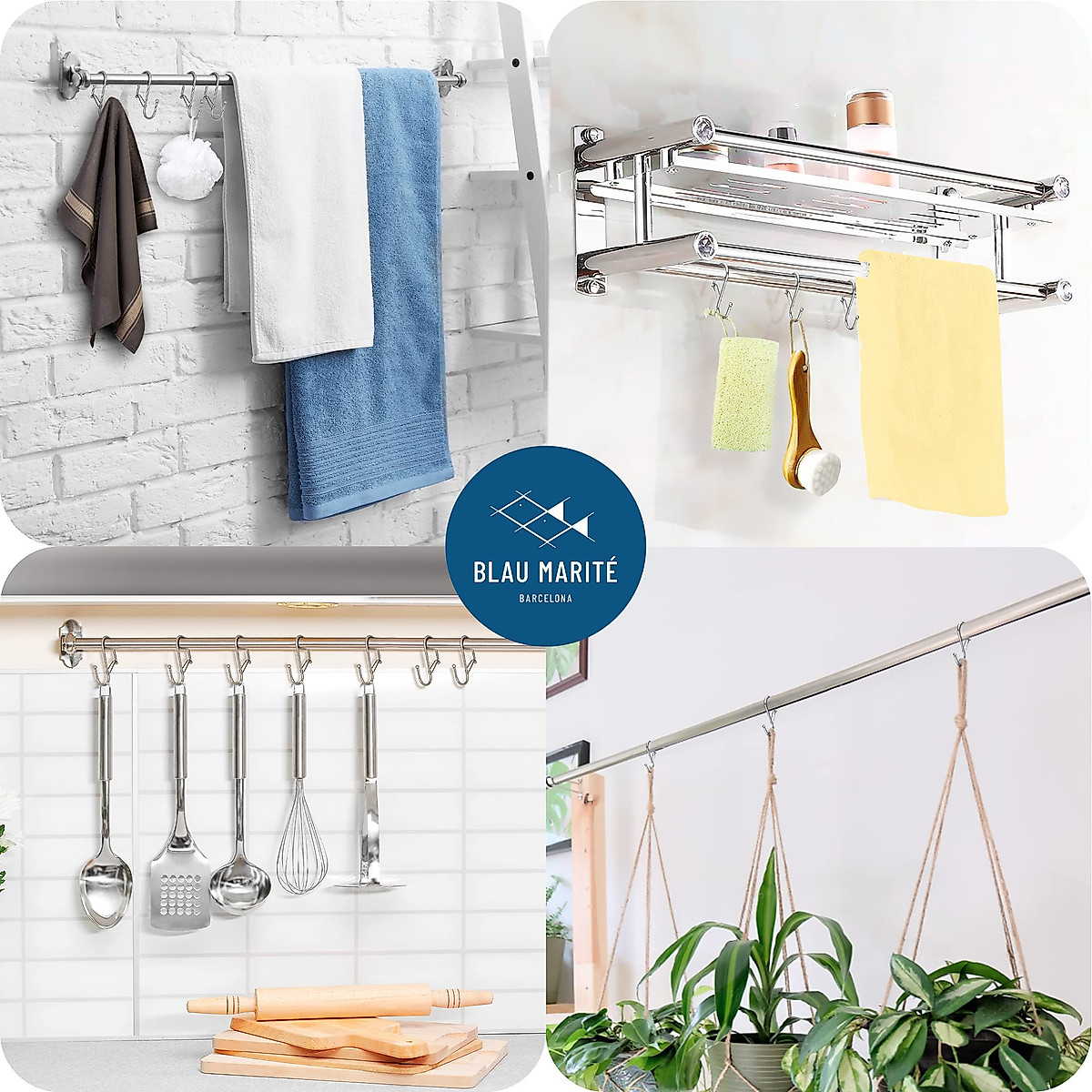 Blau Marité 10 Metalic S-Hooks with Anti-Fall System. Anti Drop S-Shaped Hook with Safety Buckle to Prevent Falls. Heavy Duty. (Silver, 3.25in Long (Diameter Rod<0.8in))